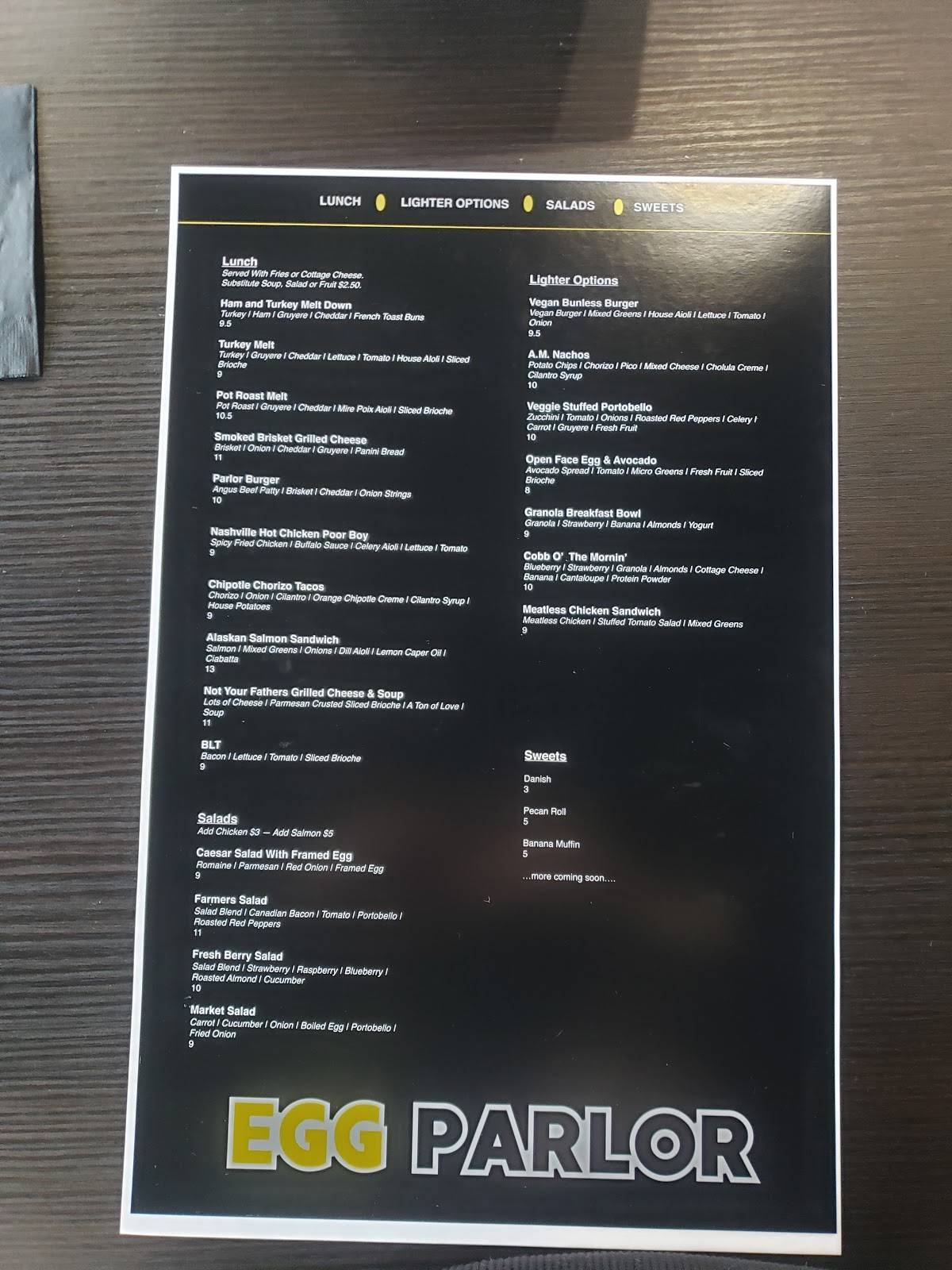 Menu at Egg Parlor restaurant, Silvis