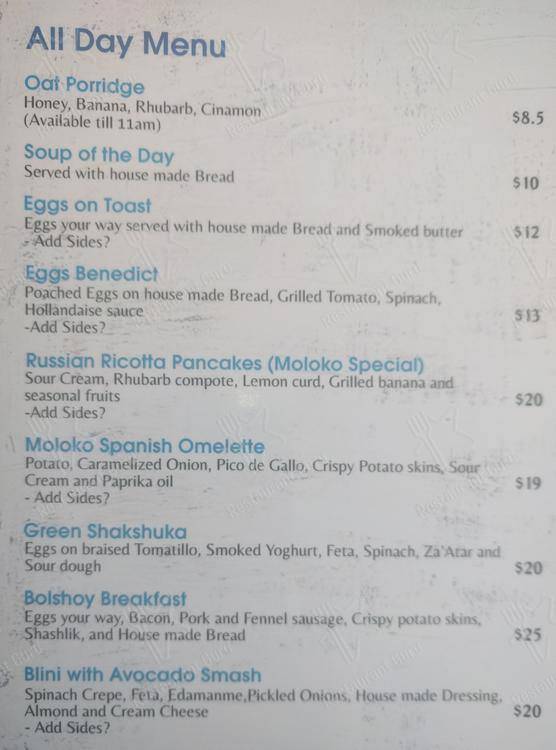 Menu at Moloko Cafe Meadowbank, Auckland