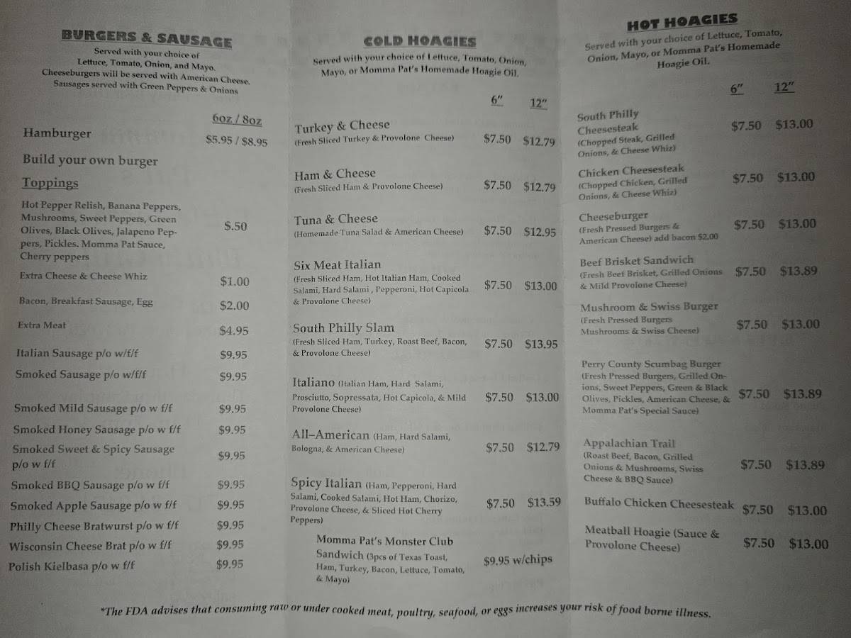 Menu at Momma Pat's A Little Taste of Philly Grille restaurant, Duncannon