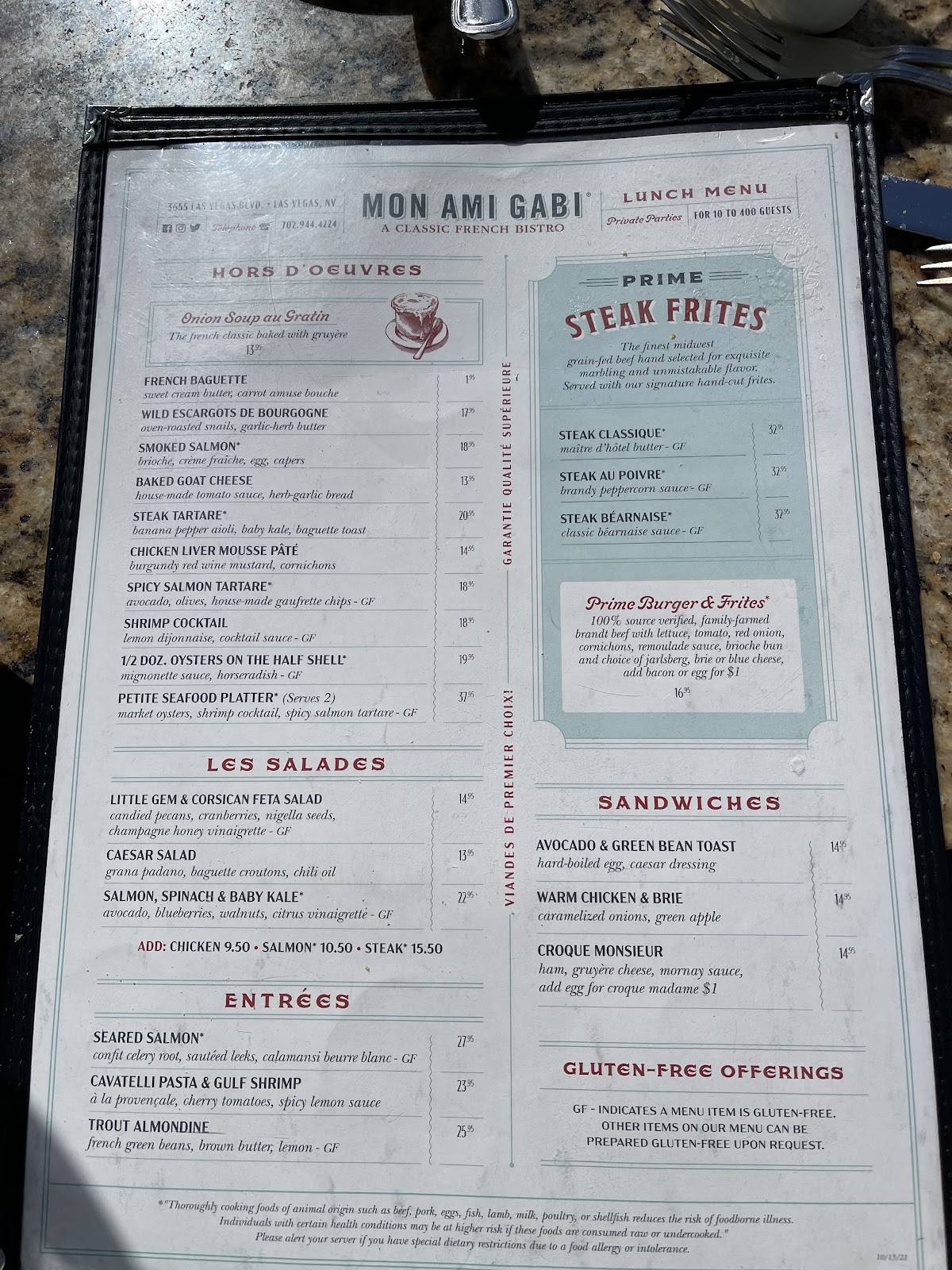 Menu at Mon Ami Gabi steakhouse, Las Vegas, S Las Vegas Blvd South