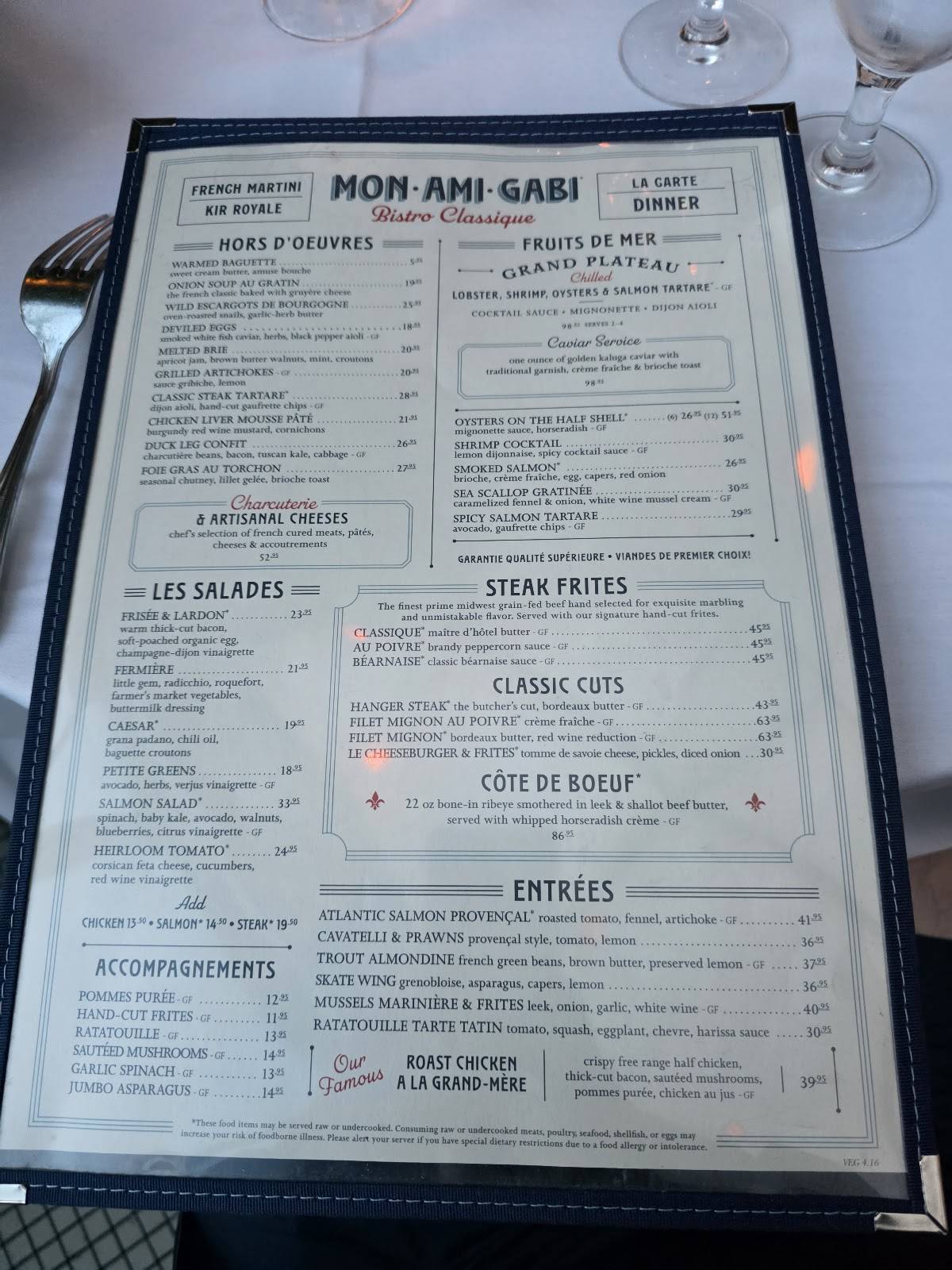 Menu at Mon Ami Gabi steakhouse, Las Vegas, S Las Vegas Blvd South