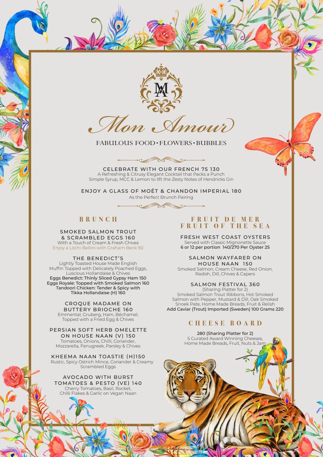 Menu at Mon Amour restaurant, Franschhoek