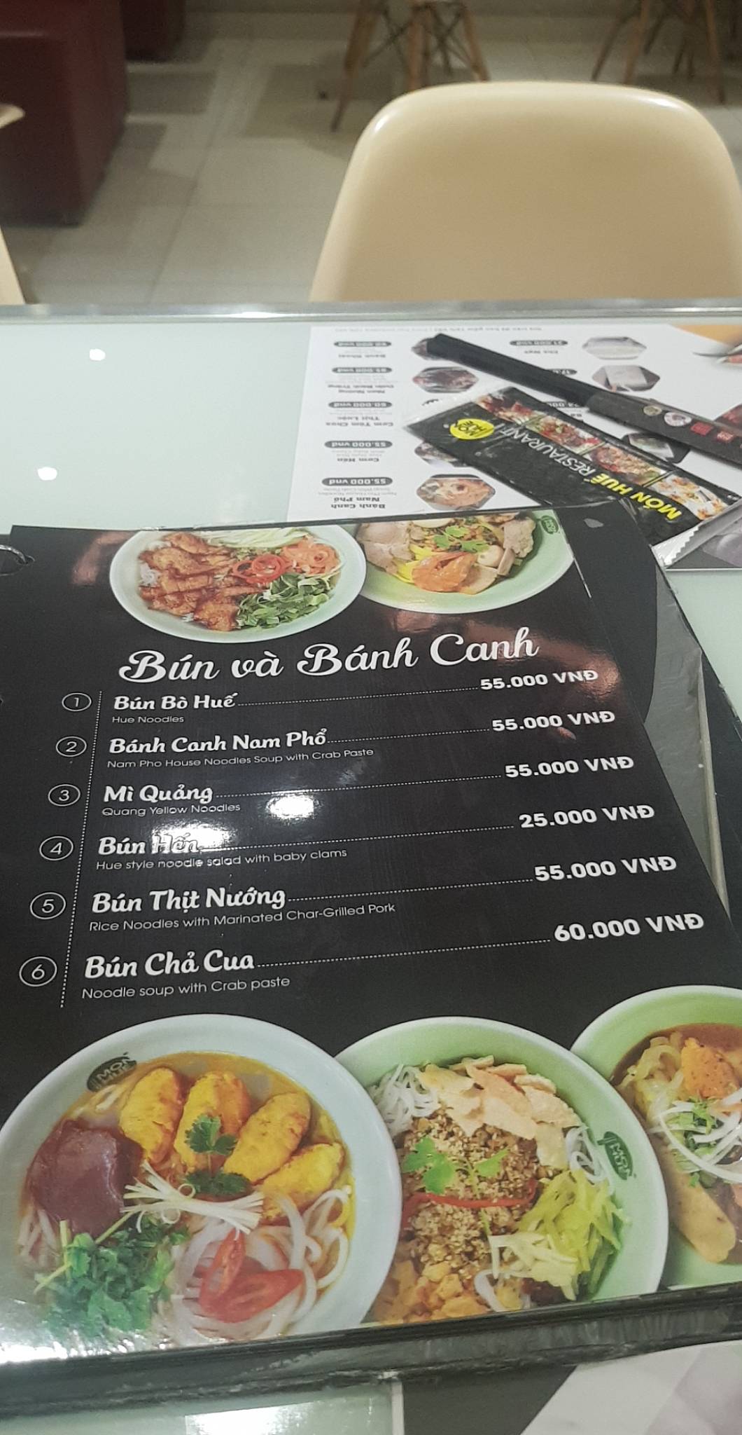 Menu at Món Huế restaurant, Hanoi, 56-58 P. Tràng Thi