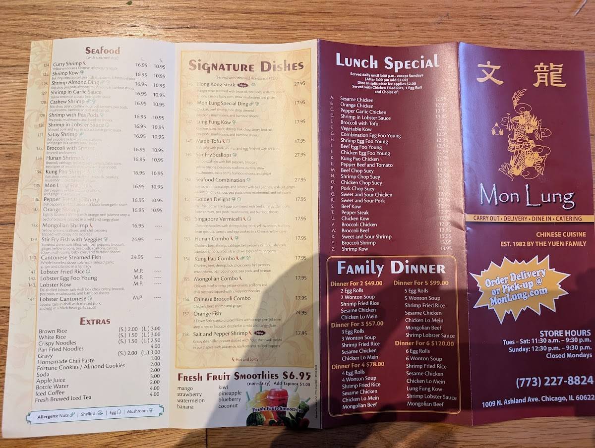 Menu at Mon Lung Restaurant, Chicago