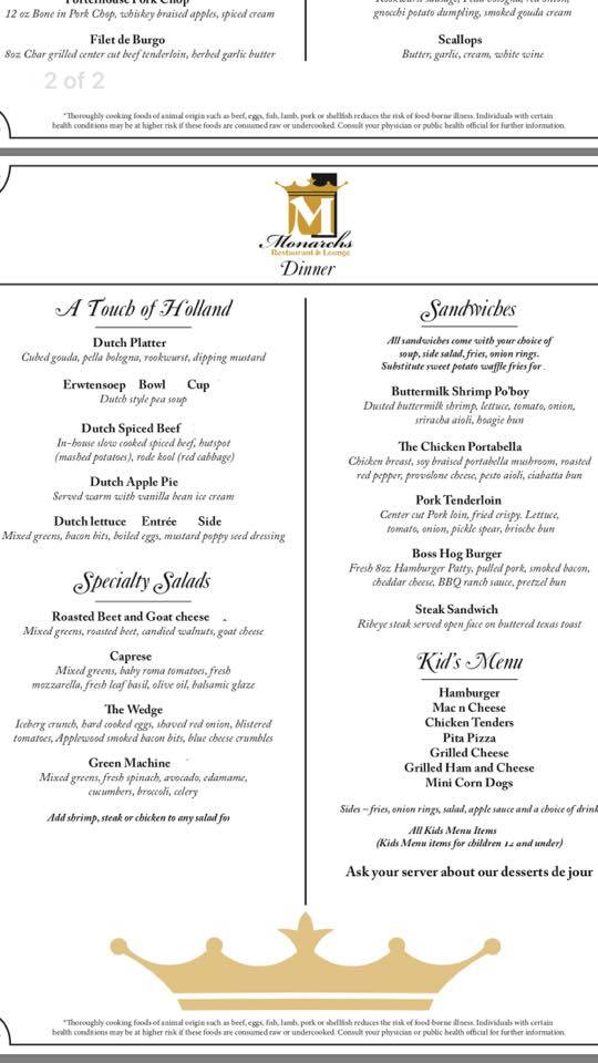 Menu at Monarchs Restaurant, Pella