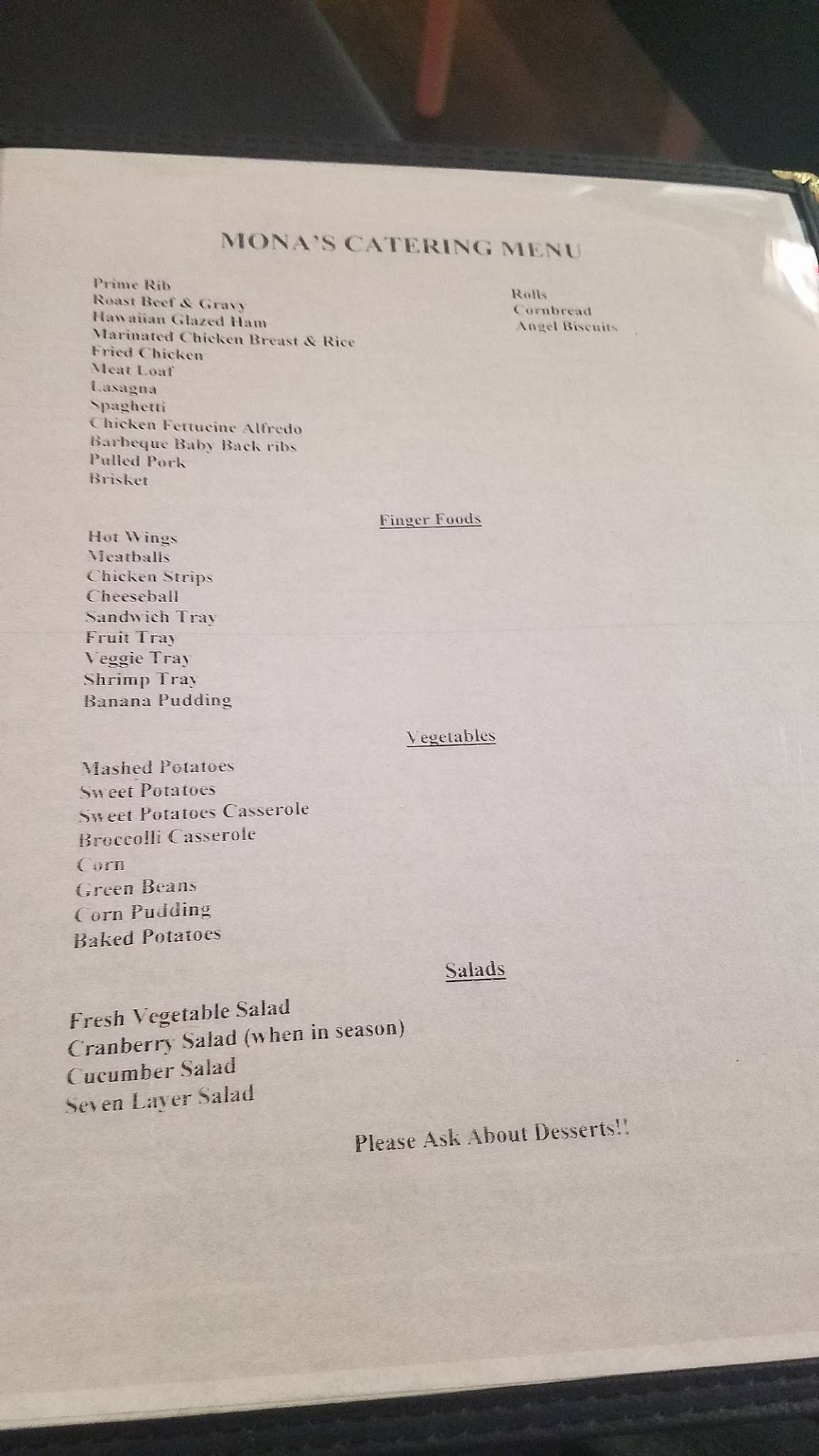 Menu at Mona's Creative Catering and Fine Foods Restaurant, Pikeville