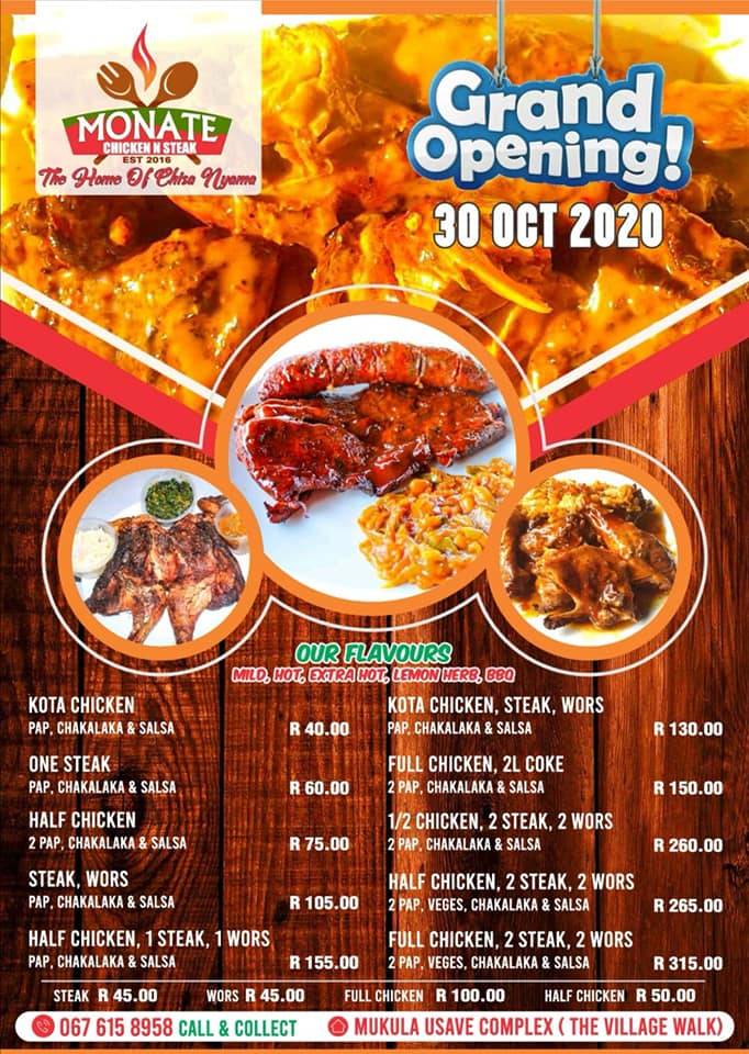 Menu at Monate Chicken & Mukula restaurant, Thohoyandou