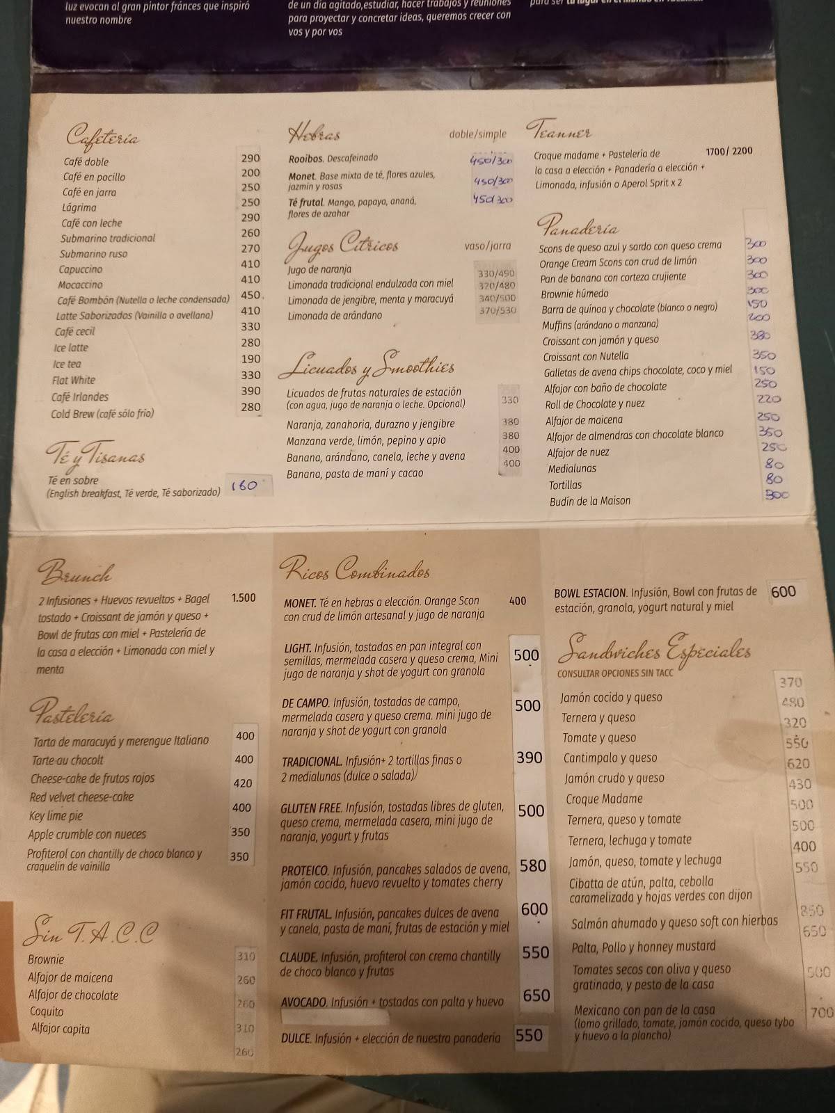 Menu at Monet cafeteria, Yerba Buena