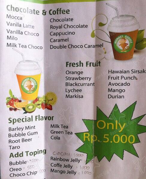 Menu at Monkey Bubble, Jakarta