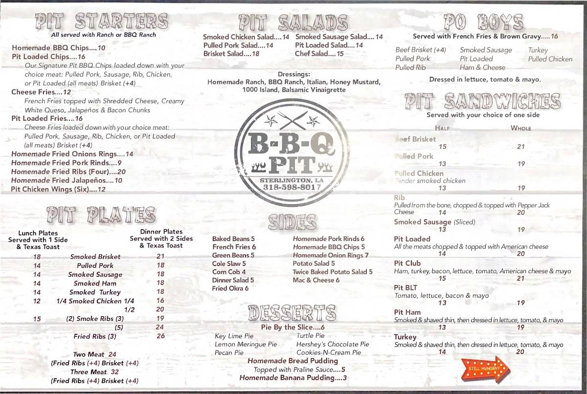 Menu at BBQ Pit, Monroe, 8825 US-165 Suite 4