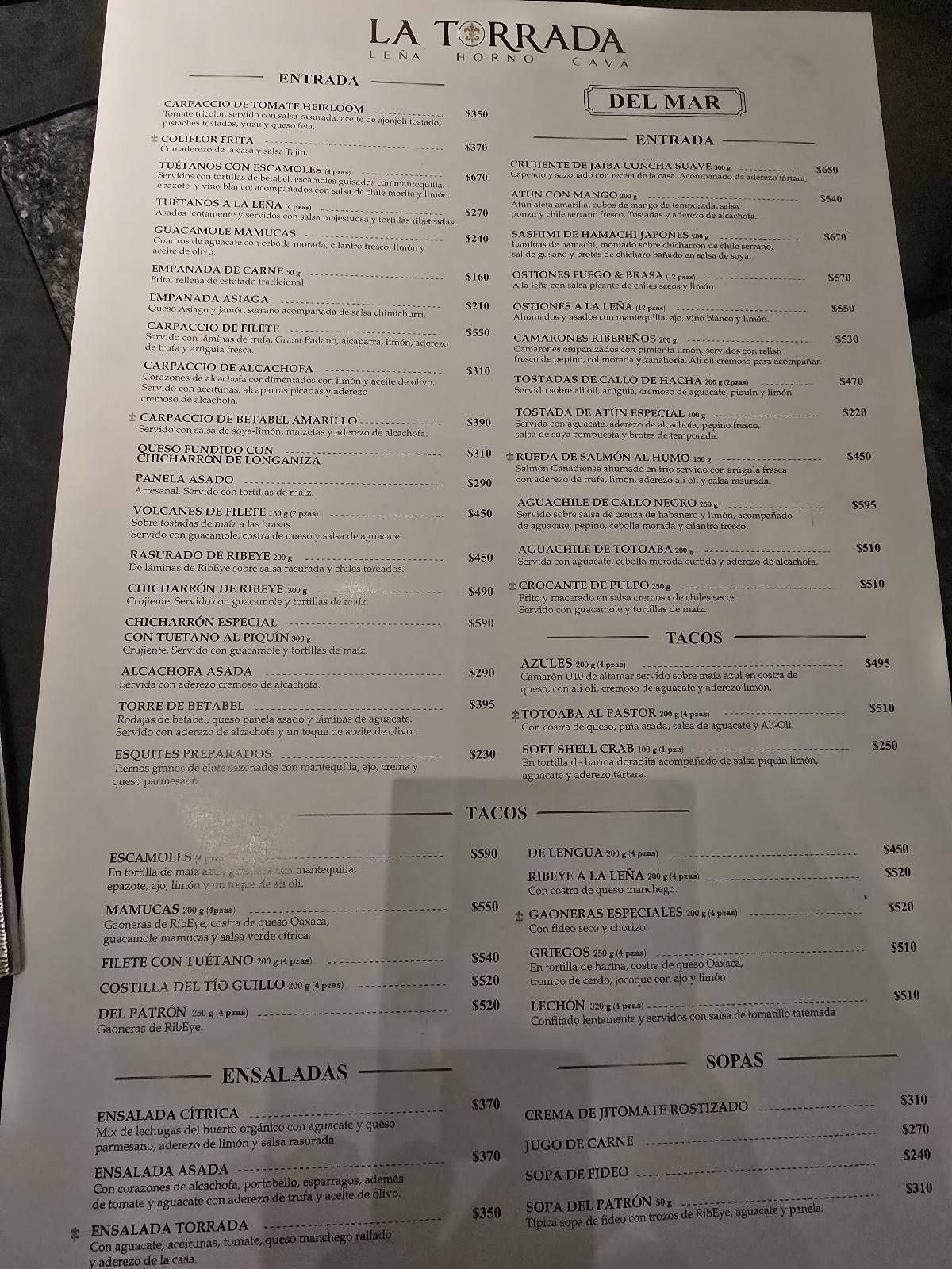 Carta de parrilla La Torrada, Monterrey, 2500 Col. Valle Oriente