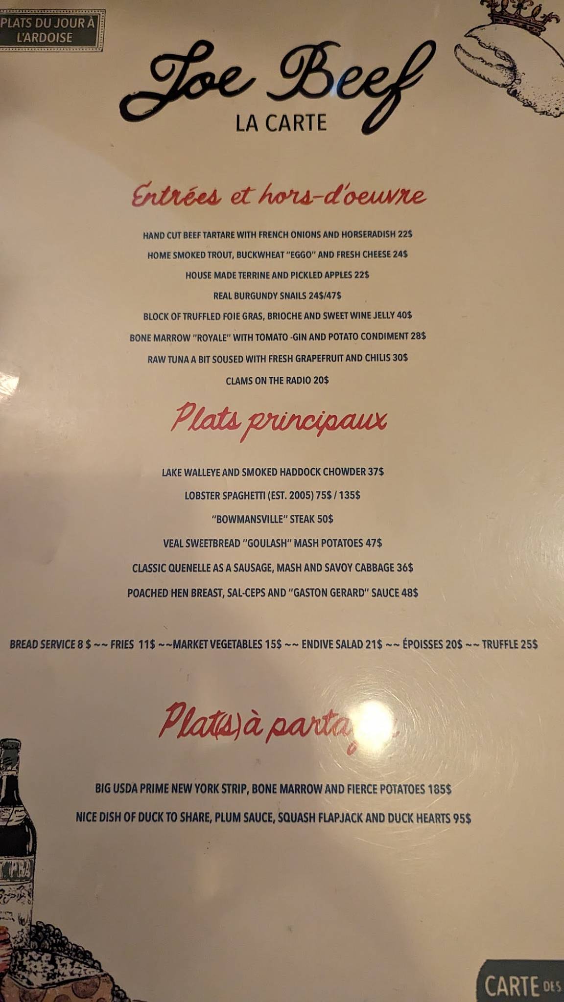 Menu au Joe Beef restaurant à viande, Montréal