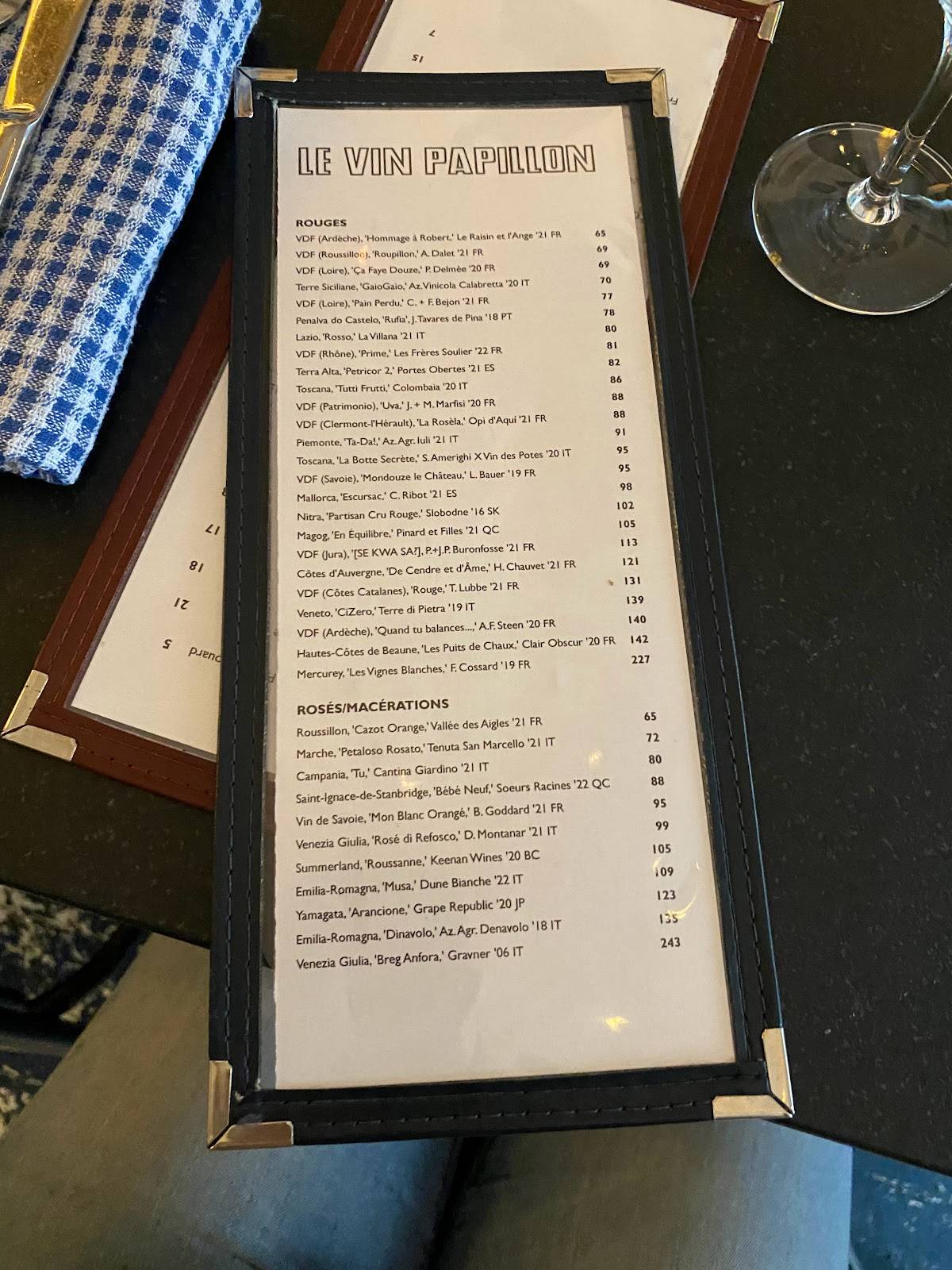 Menu at Le Vin Papillon pub & bar, Montréal, Notre-Dame St W