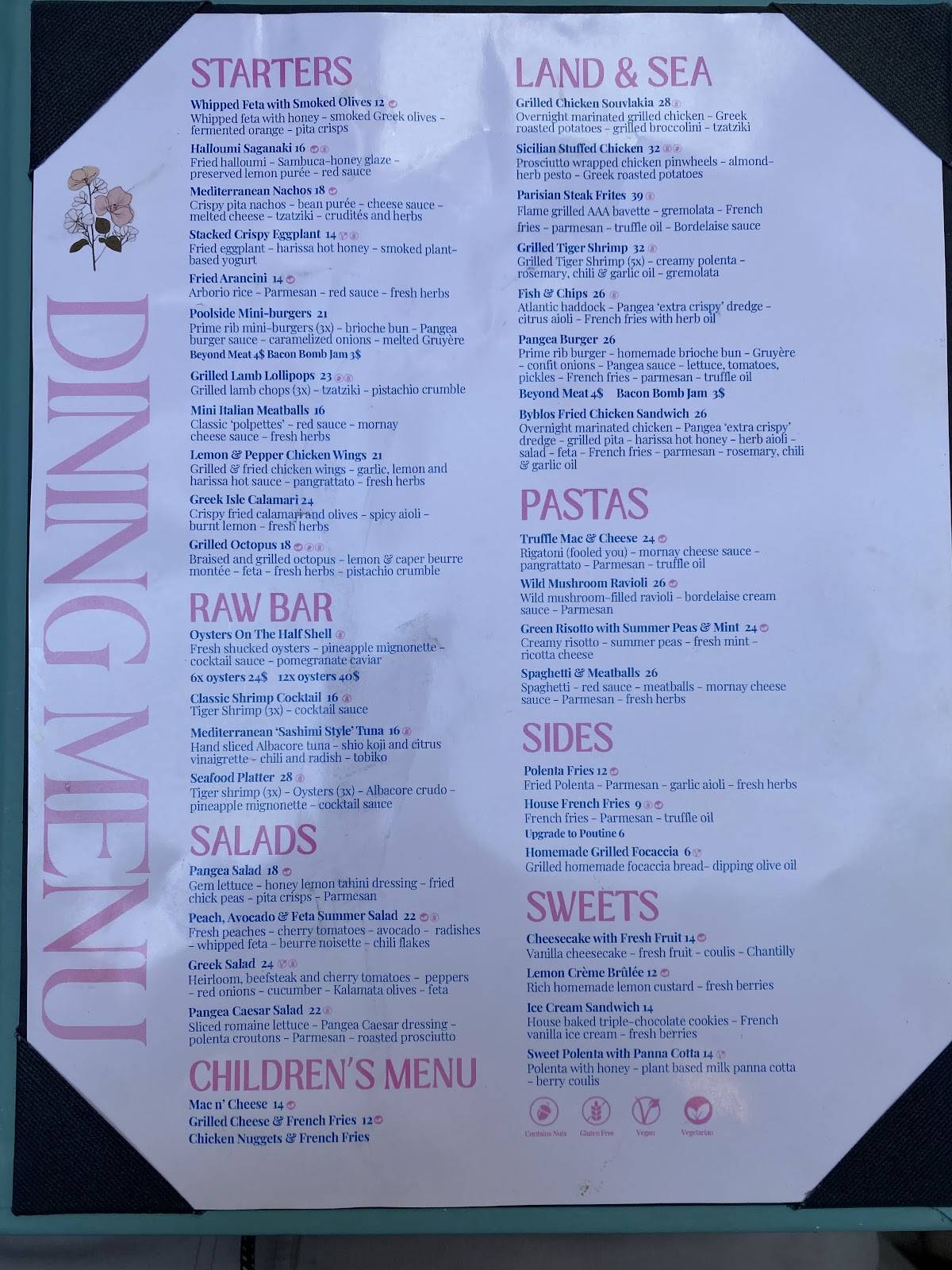 Menu au Pangea Restaurant & Bar, Montréal