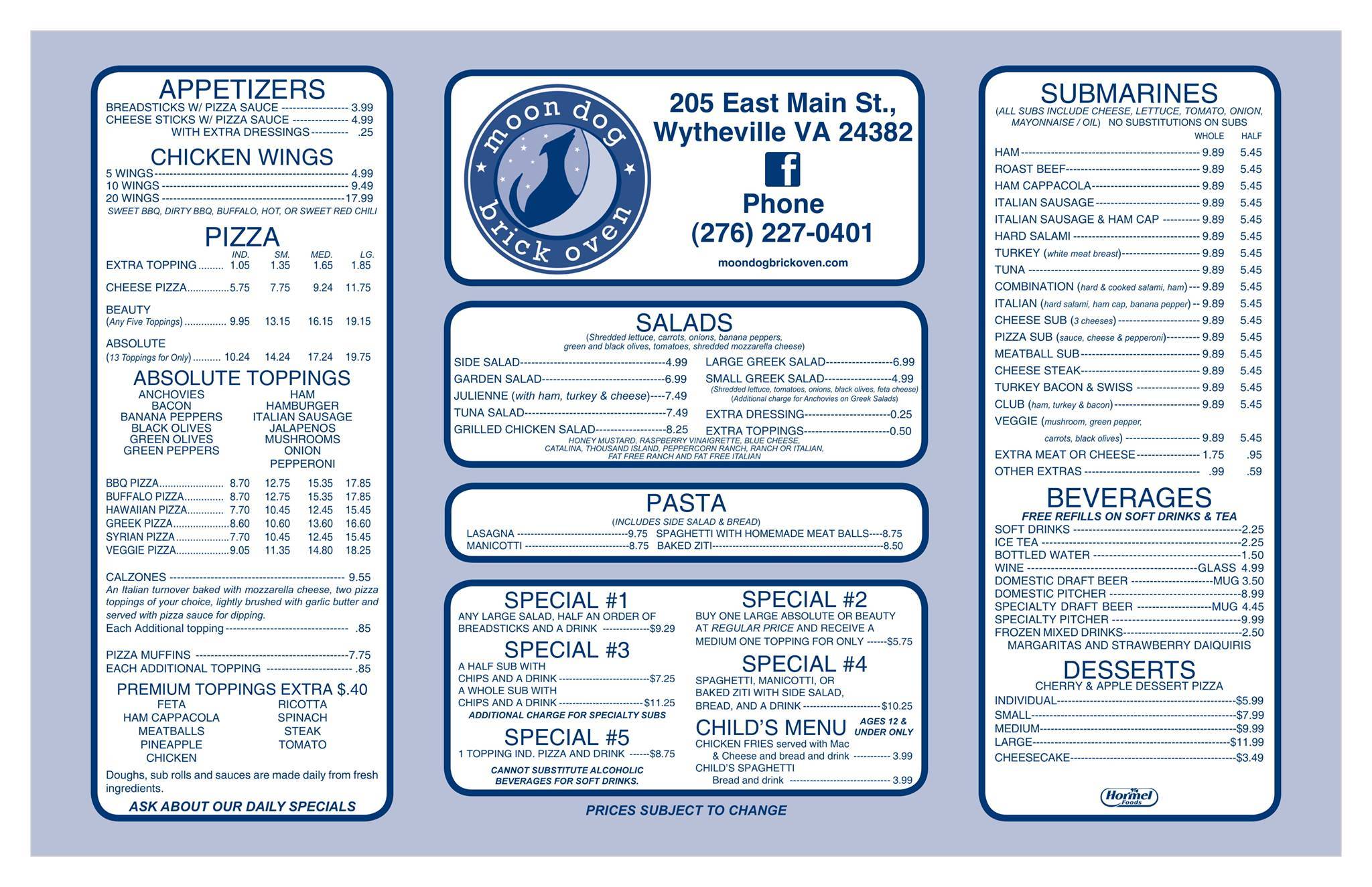 Menu at Moon Dog Brick Oven - Wytheville, VA pub & bar, Wytheville