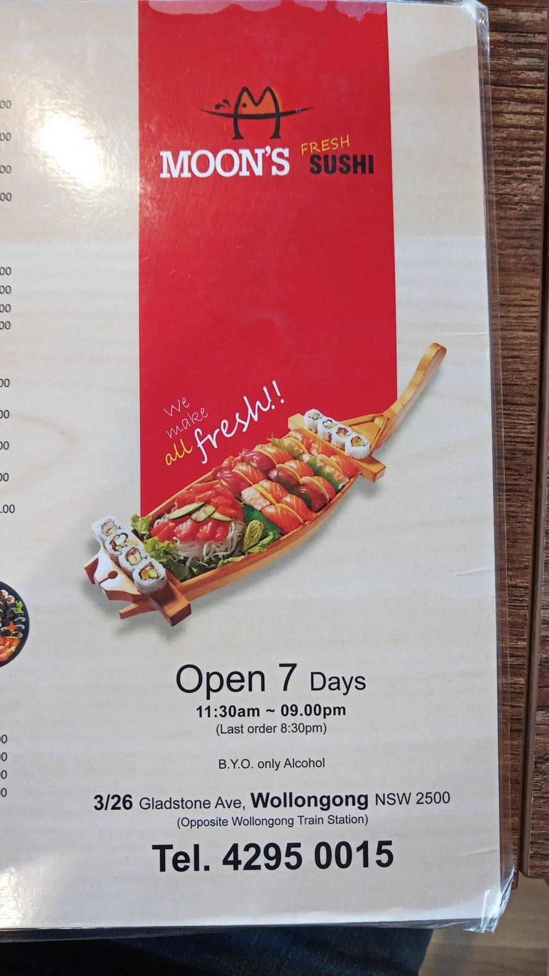 Menu at Moon Sushi Wollongong restaurant, Wollongong, 3/26 Gladstone Ave