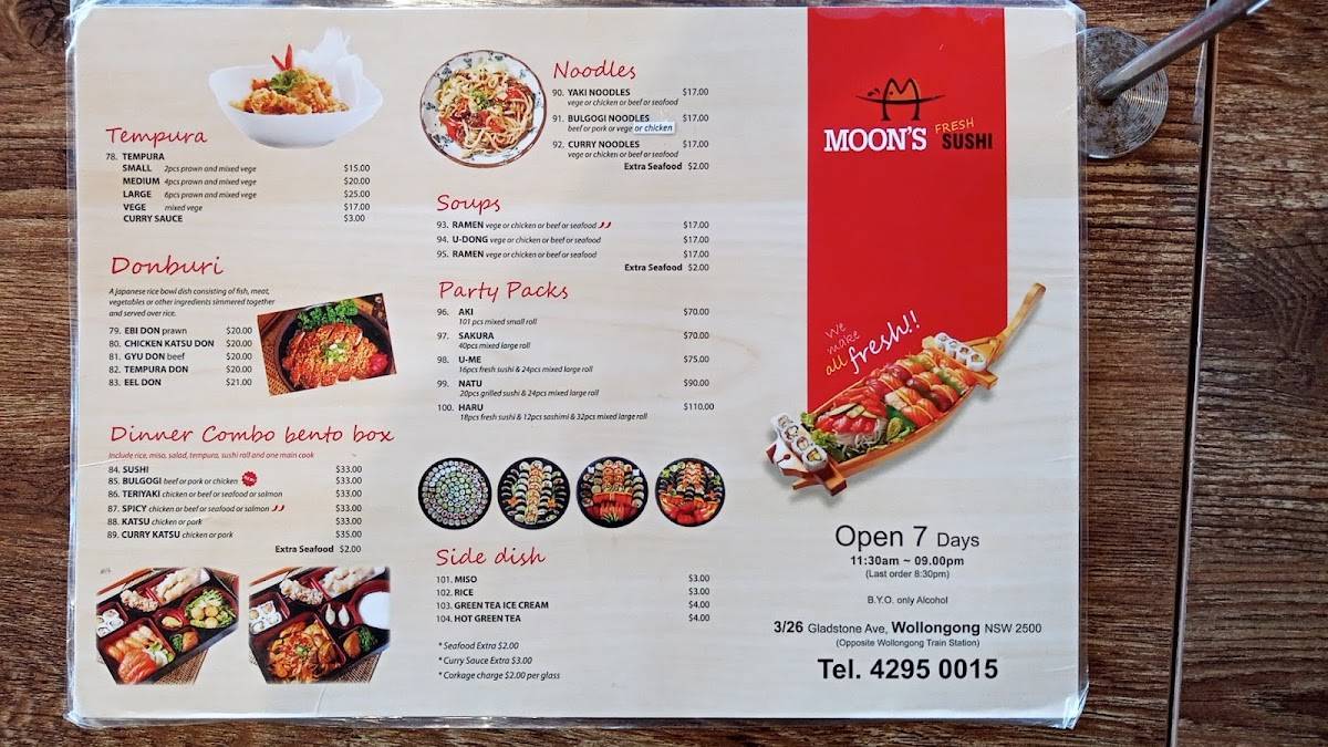 Menu at Moon Sushi Wollongong restaurant, Wollongong, 3/26 Gladstone Ave