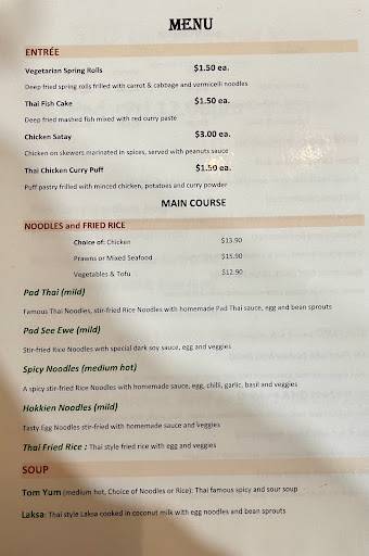 Menu at Kala Thai restaurant, Moonah