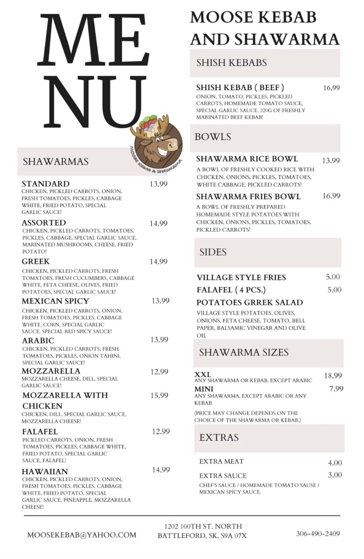Menu at Moose Kebab & Shawarma restaurant, North Battleford