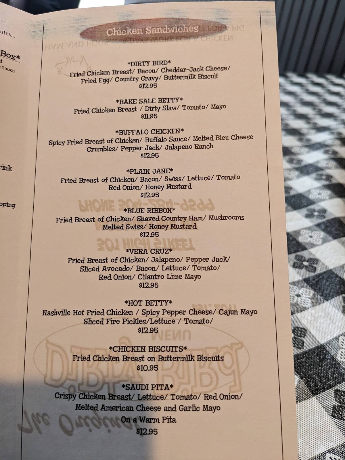 Menu at Dirty Bird restaurant, Morgantown