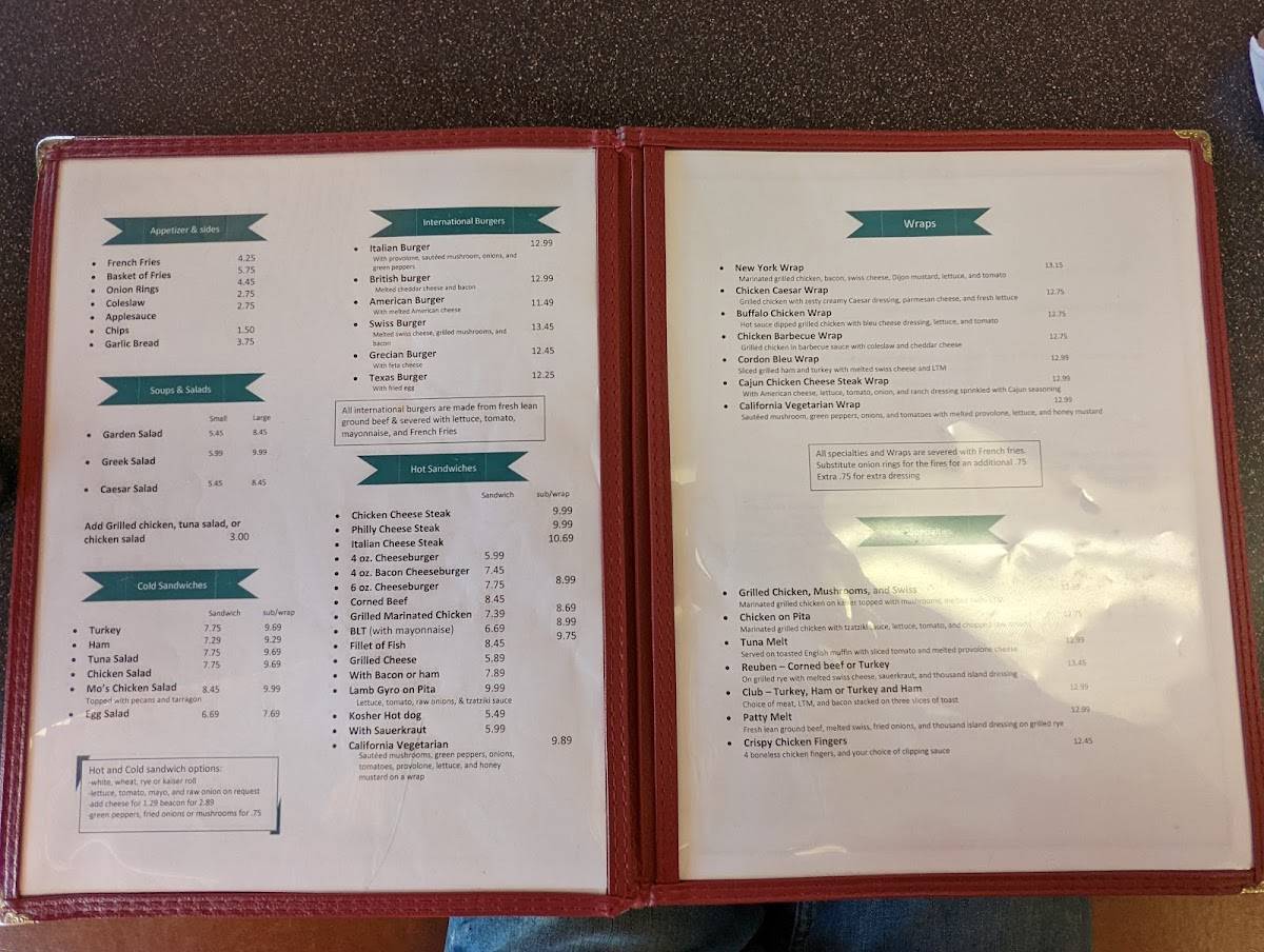 Menu at Mo's Cafe, Eldersburg