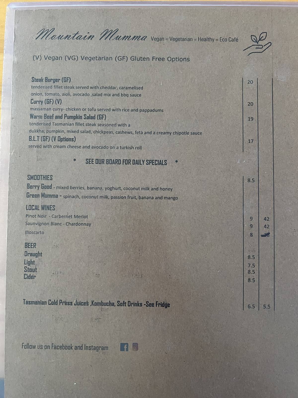 Menu at Mountain Mumma restaurant, Sheffield