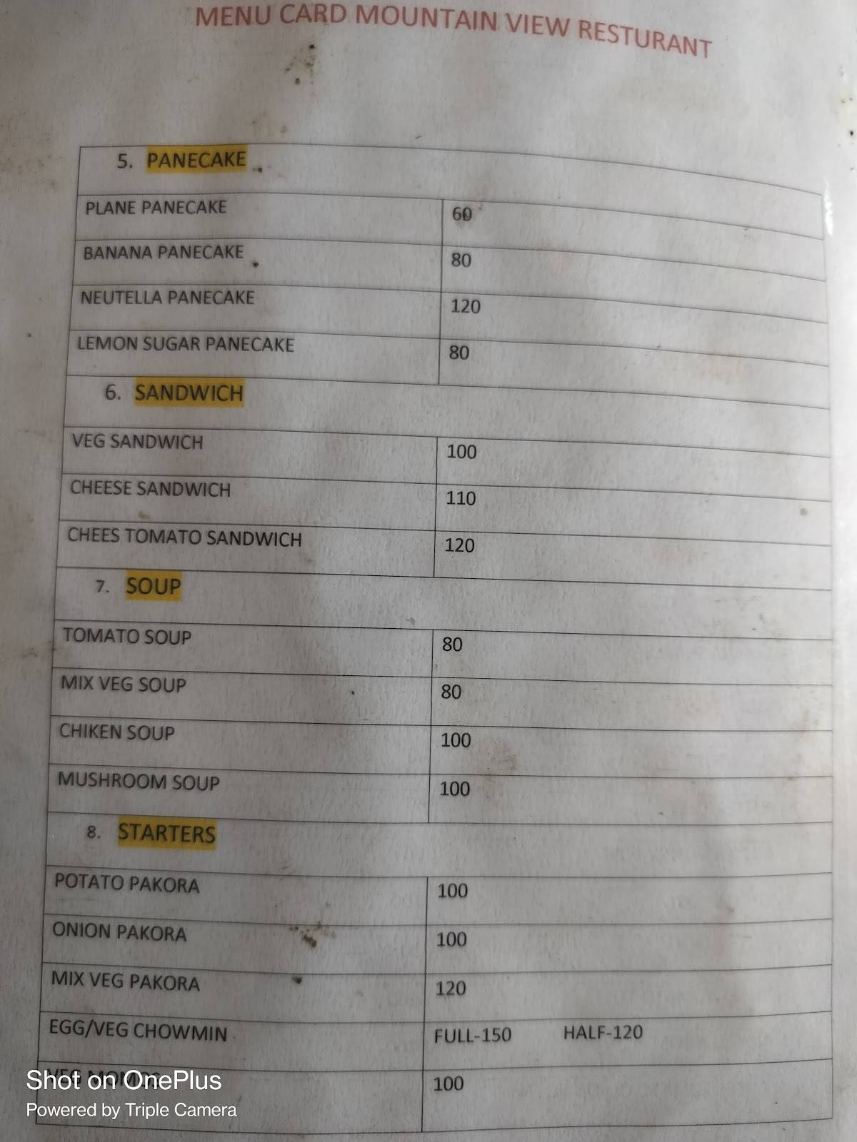 Menu at Mountain View Restaurant, Nako