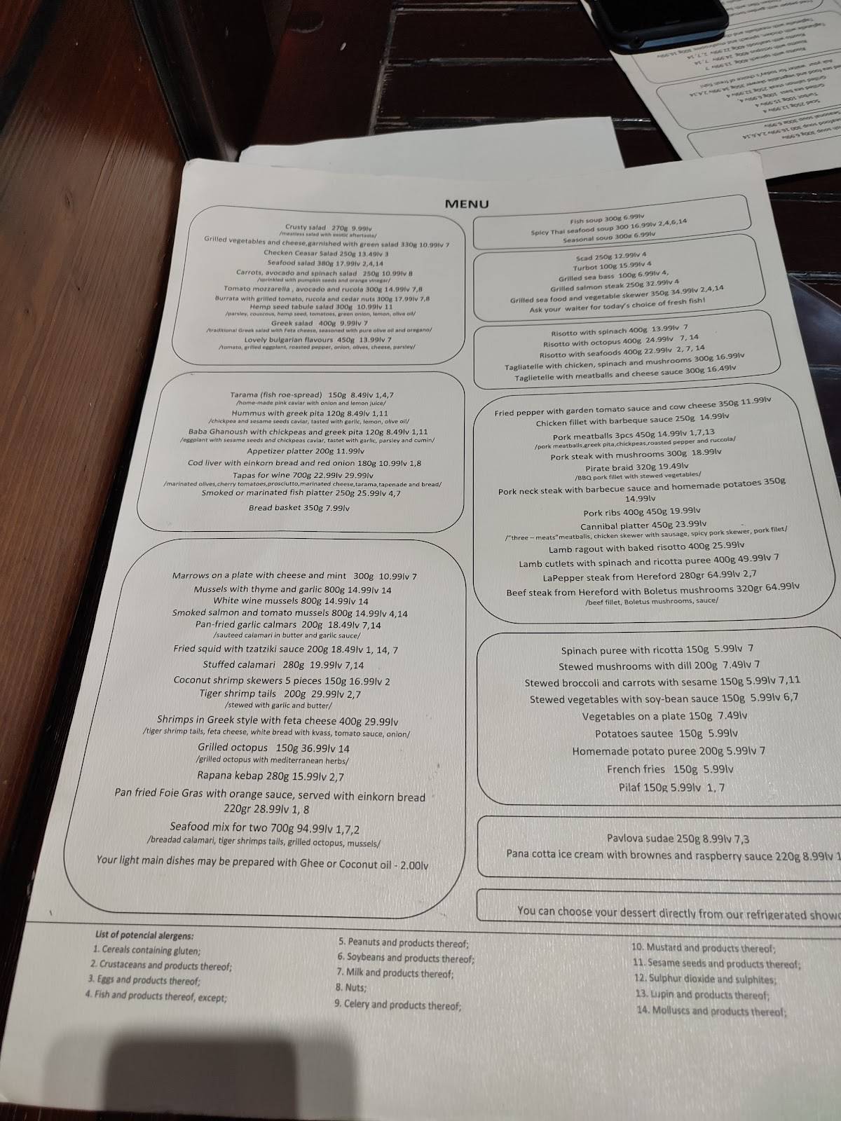 Menu at Mr Baba restaurant, Varna