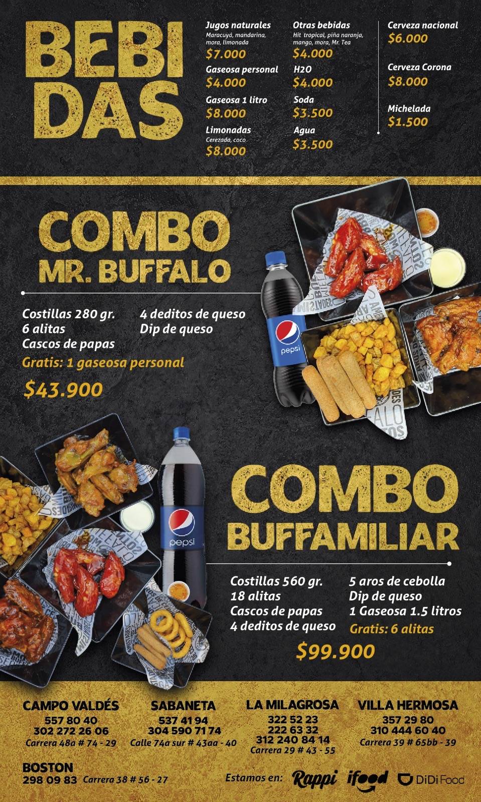 Carta del restaurante Mr. Buffalo - La Milagrosa, Medellín
