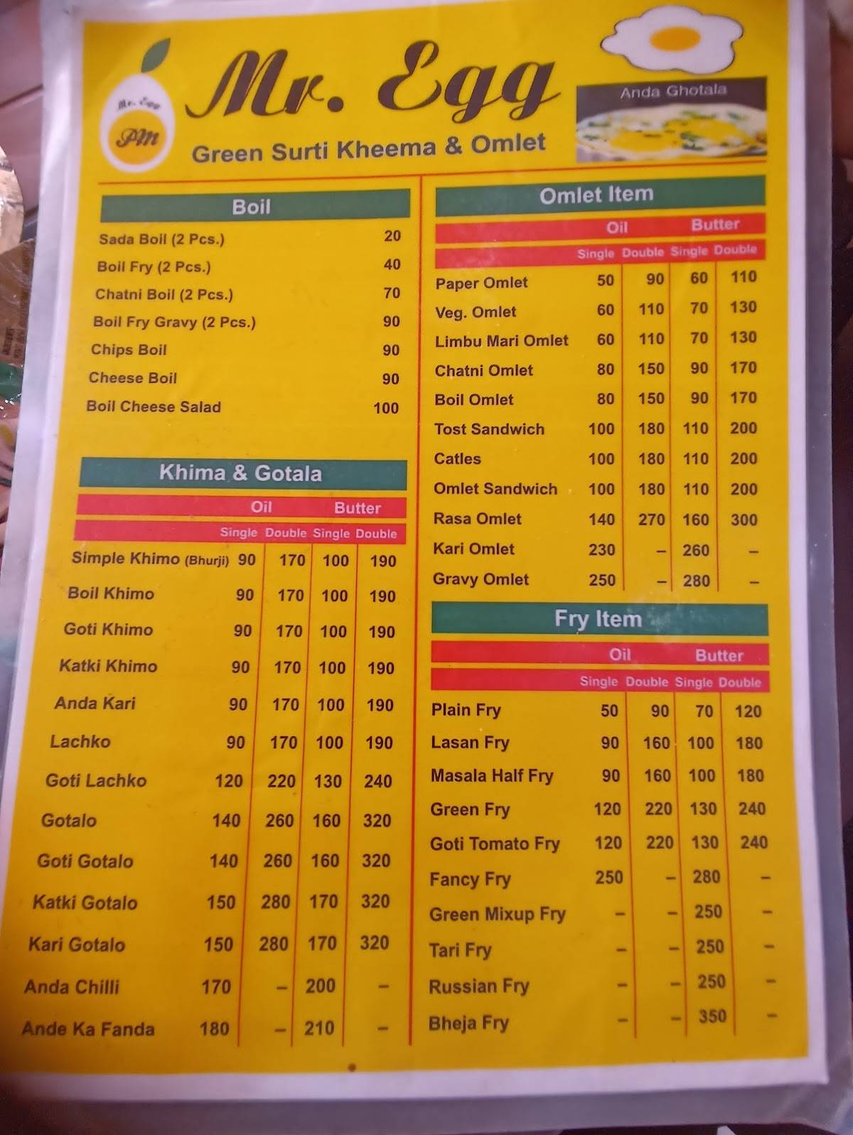 Menu at Mrr. Egg, Ahmedabad