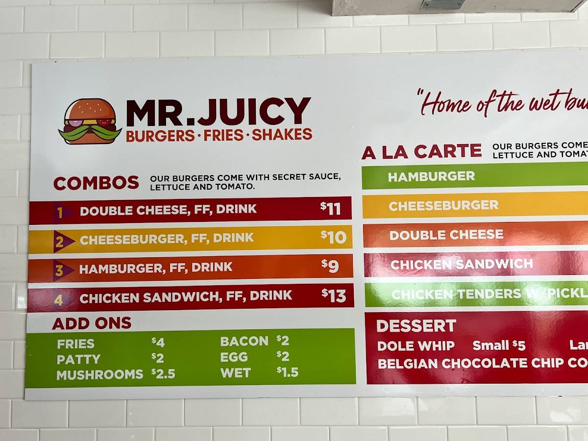 Menu at Mr Juicy restaurant, San Antonio