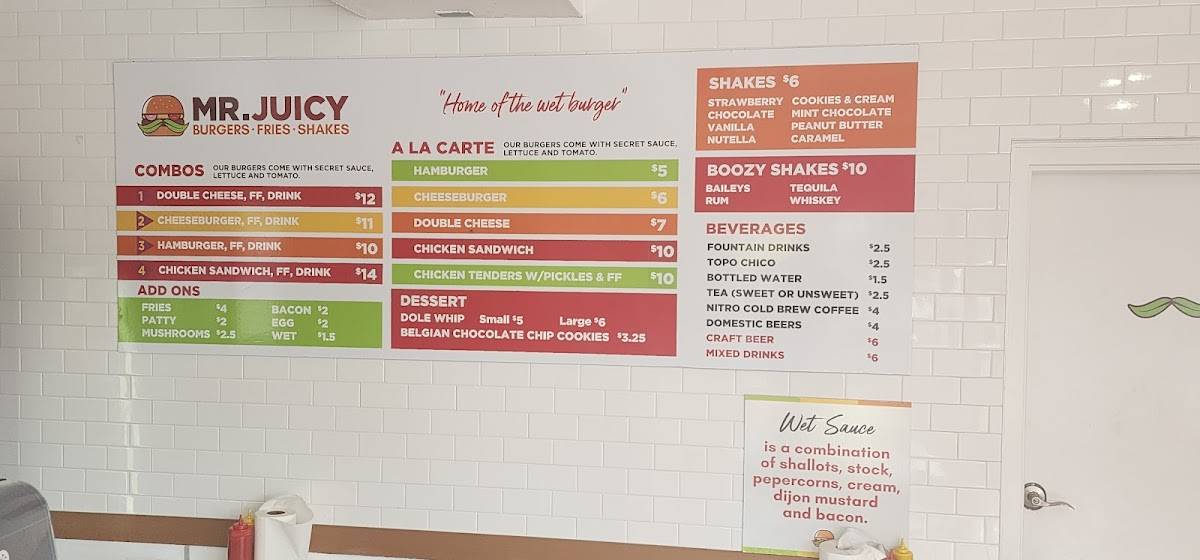Menu at Mr Juicy restaurant, San Antonio, San Pedro Ave