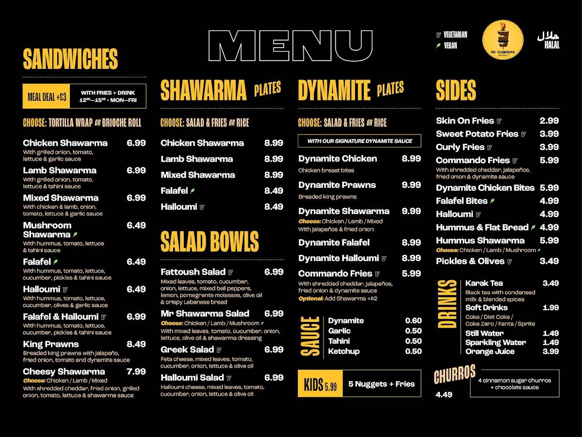 Menu at Mr Shawarma restaurant, London