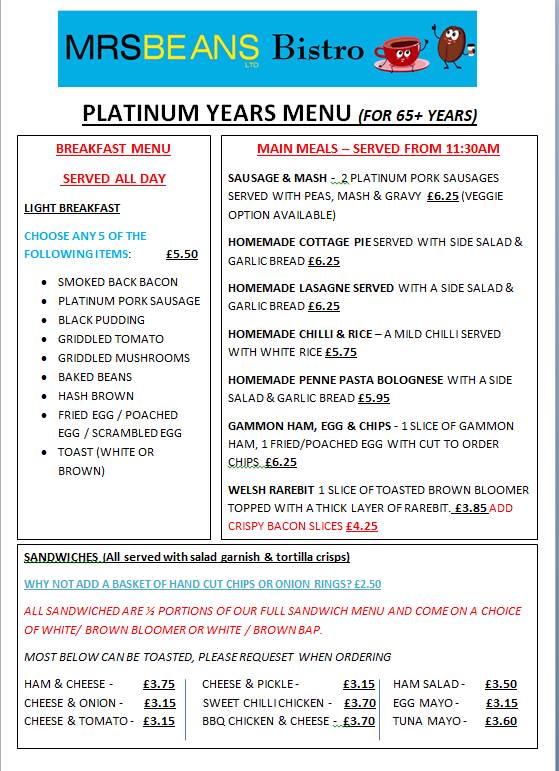 Menu at Mrs Beans Bistro restaurant, Attleborough