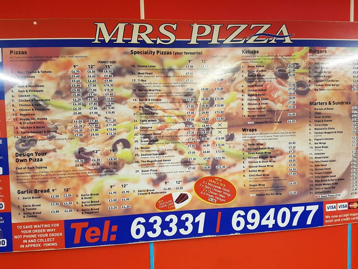 Menu at Mrs pizza fast food, Whitehaven