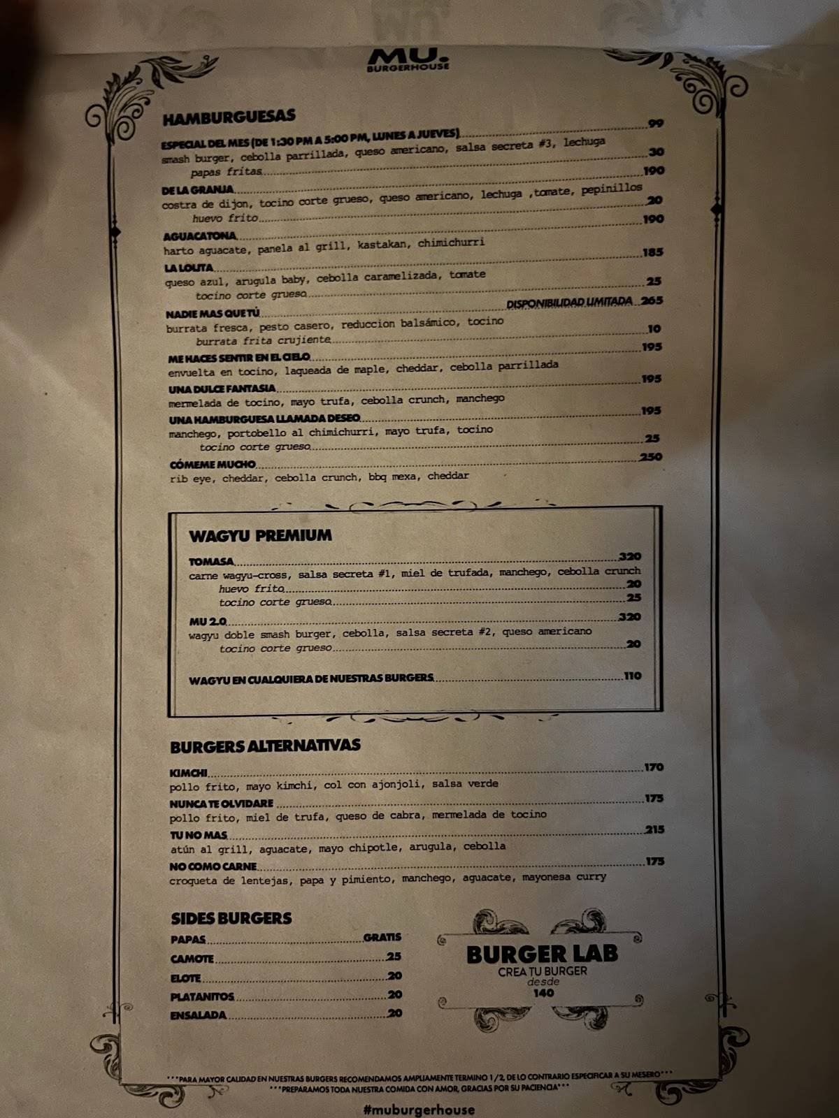 Carta del restaurante Mu. Burgerhouse Nader, Cancún