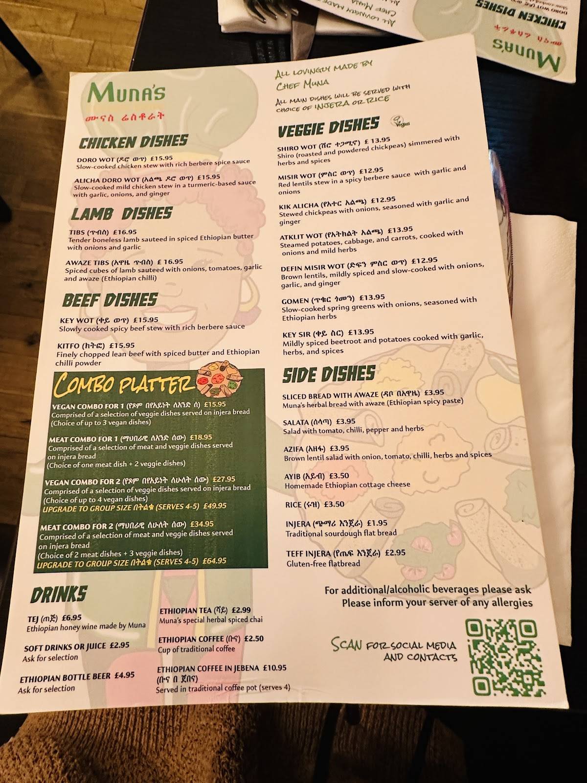 Menu at Muna's Ethiopian Cuisine restaurant, Edinburgh