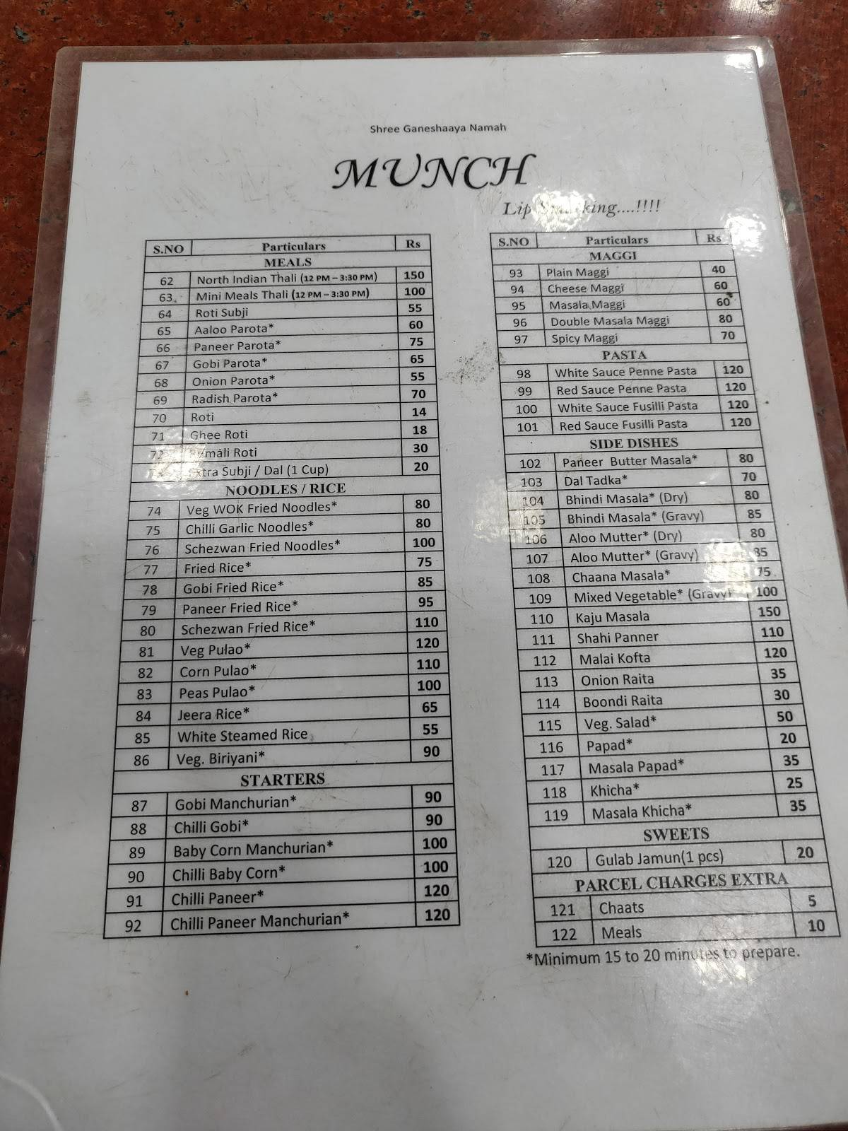 Menu at Munch, Chennai, 2/107