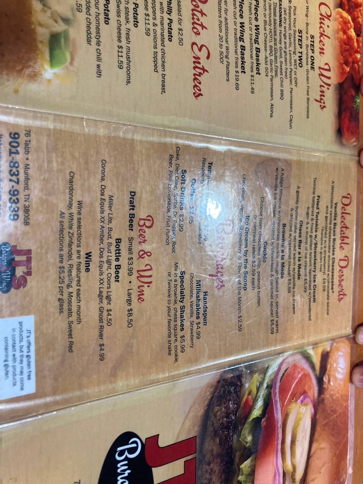 Menu at JT's Burgers & Wings restaurant, Munford, 76 Tabb Dr Ste J