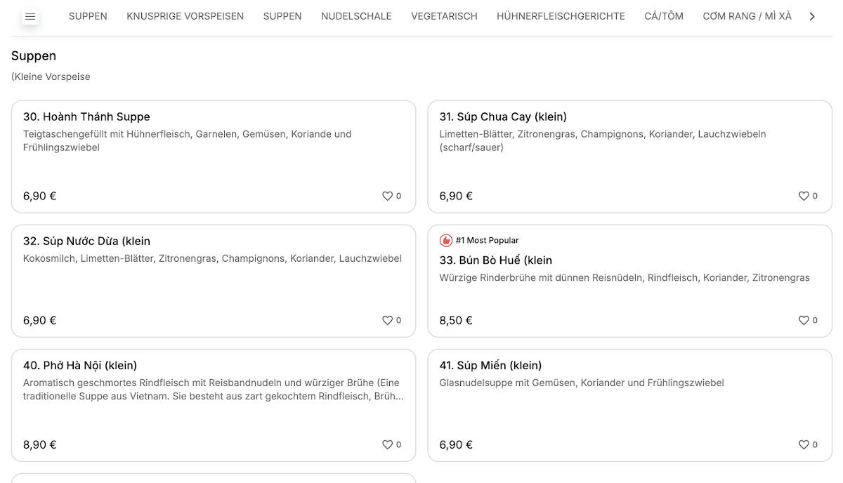 Carta del restaurante Vietnam Gourmet, Munich