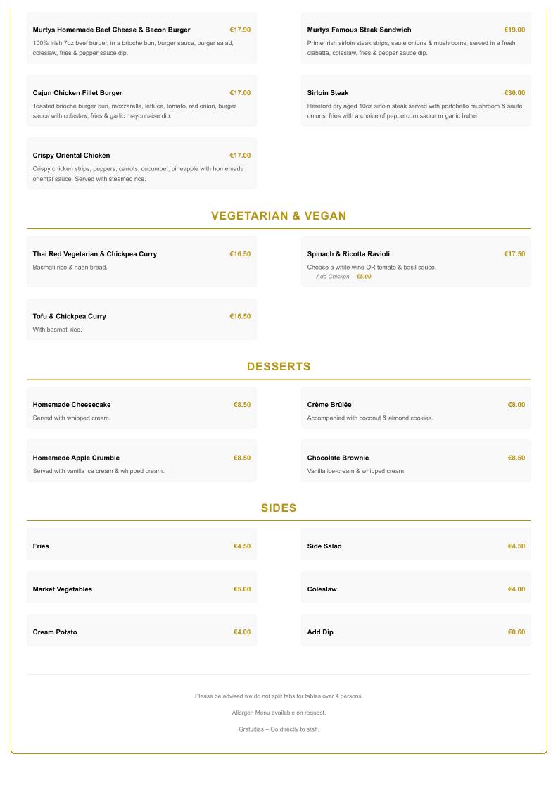 Menu at Murty Rabbitt's pub & bar, Galway
