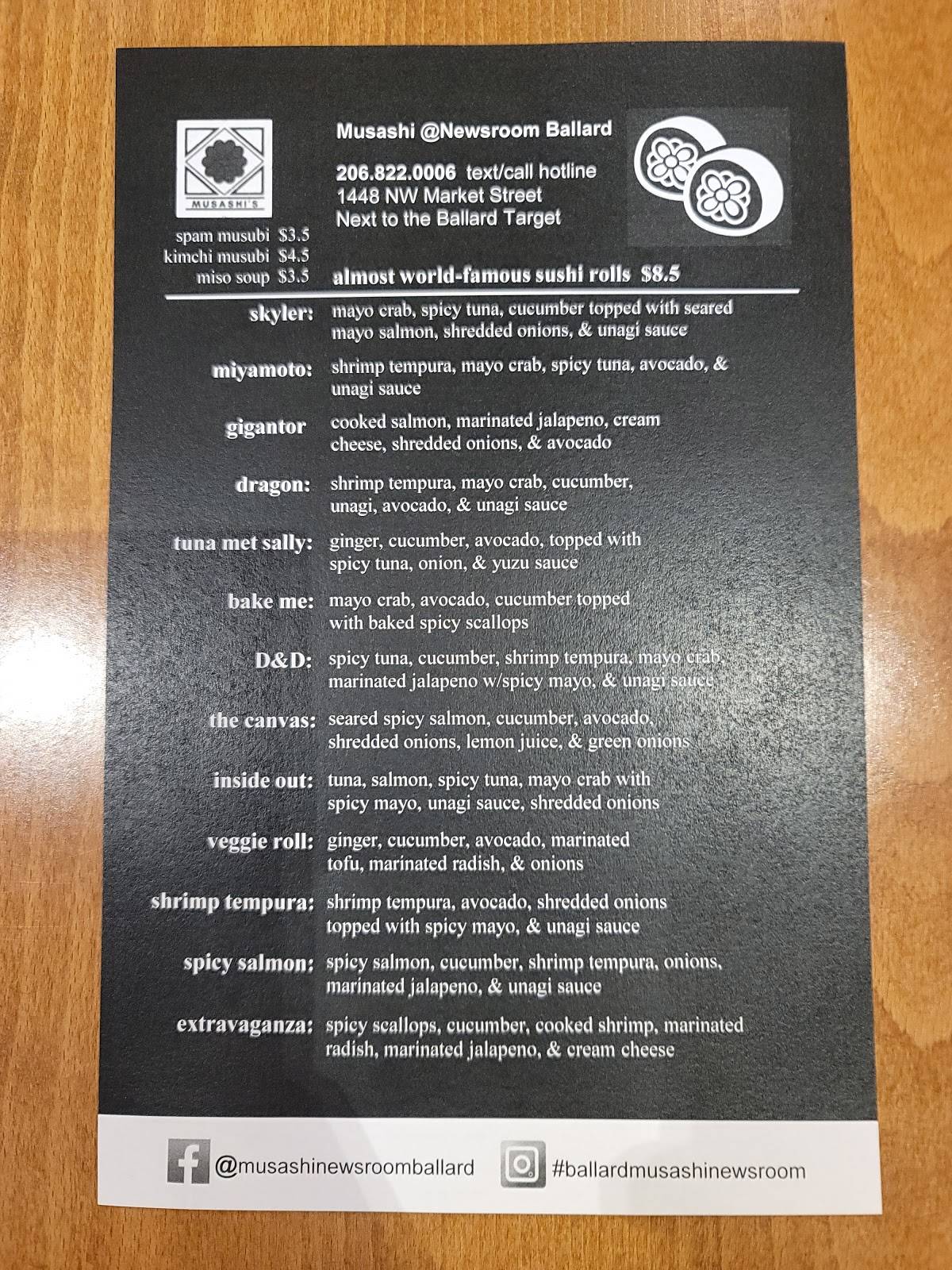 Menu at Musashi Newsroom restaurant, Seattle