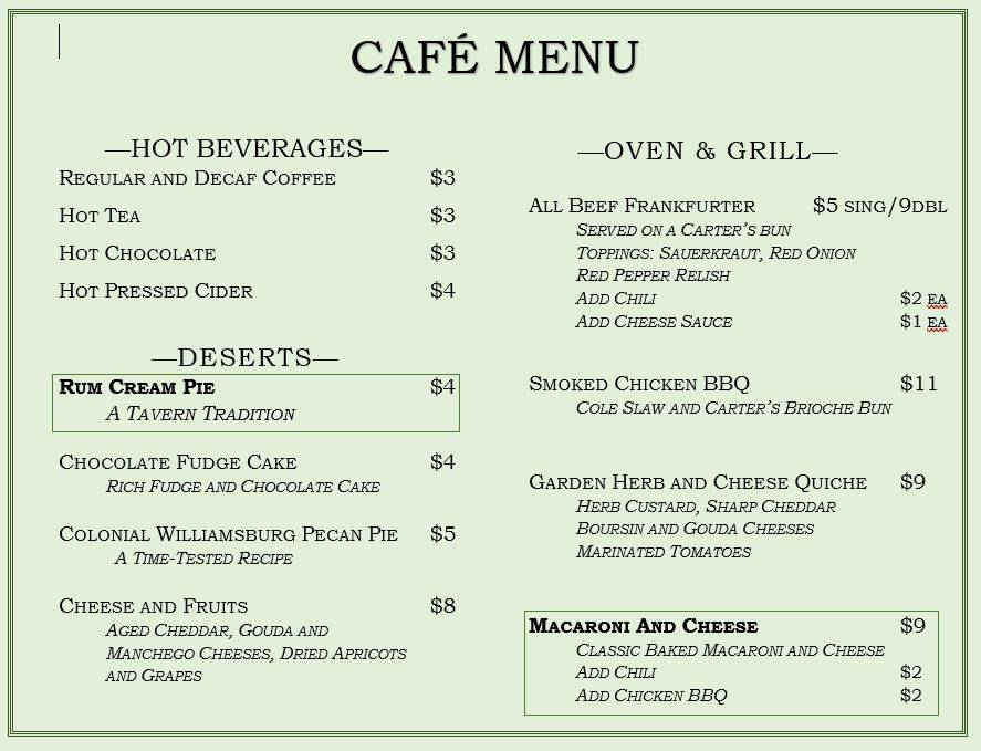 Menu at Museum Café cafe, Williamsburg, 326 Francis St W