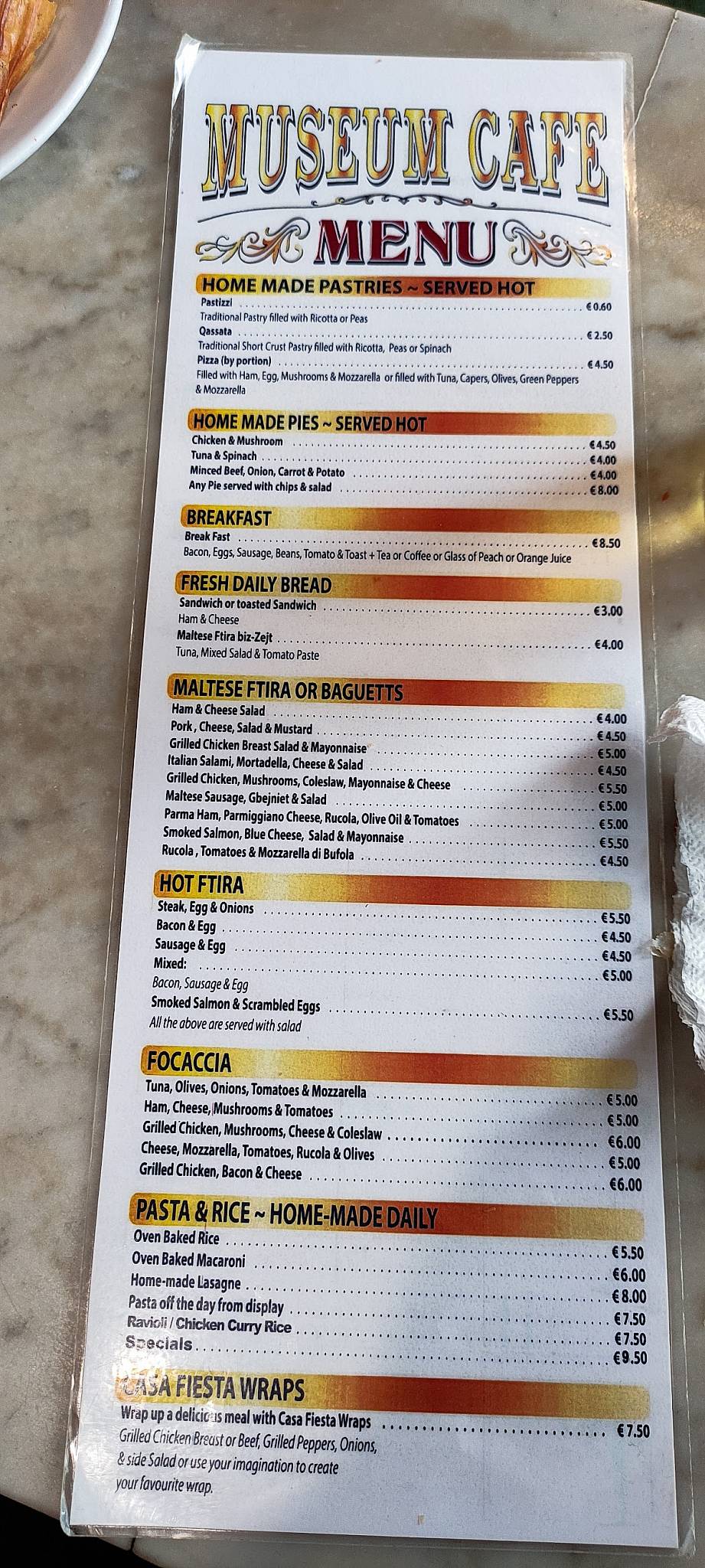Menu at Museum Cafe, Valletta
