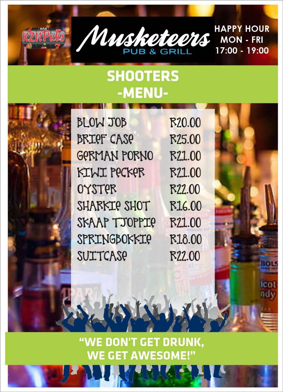 Menu at Musketeers Bar & Restaurant, Durban