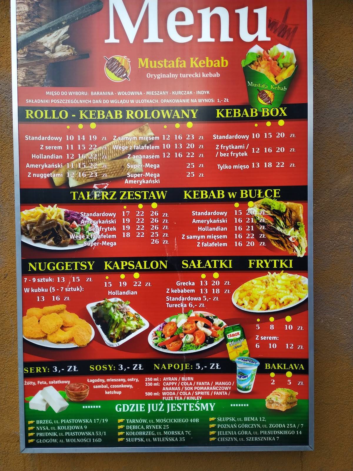 Menu at Mustafa Kebab restaurant, Opole, Oleska 16
