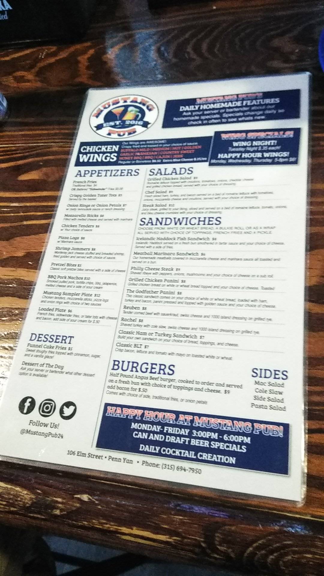 Menu at Mustang Pub & Grill, Penn Yan