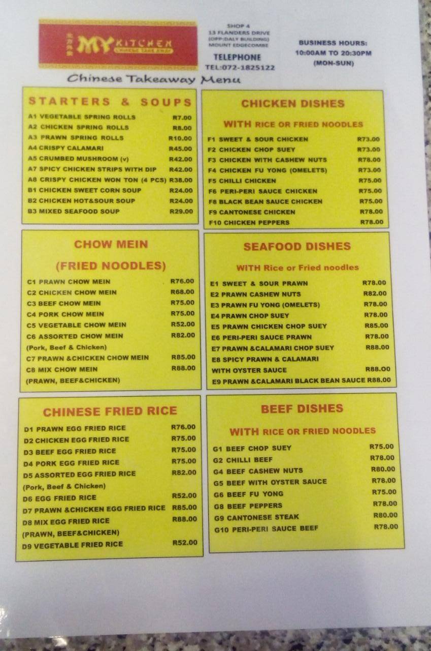 Menu at My Kitchen restaurant, Mount Edgecombe, Shop 4 Accord House