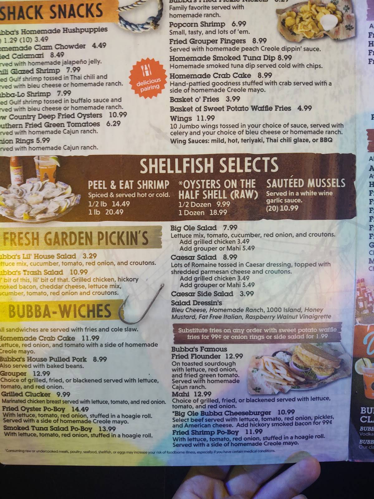 Menu at Bubba's Fish Shack restaurant, Surfside Beach
