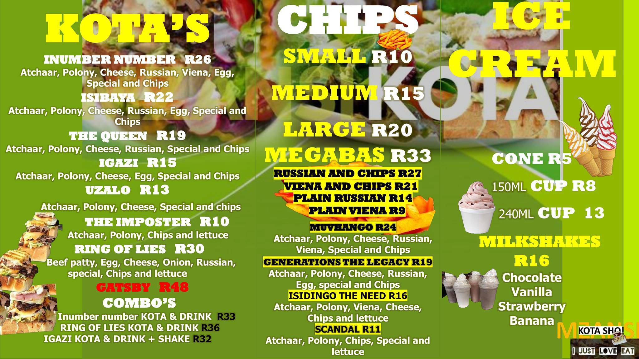 Carta del restaurante Mzansi Kota Sho, Johannesburgo